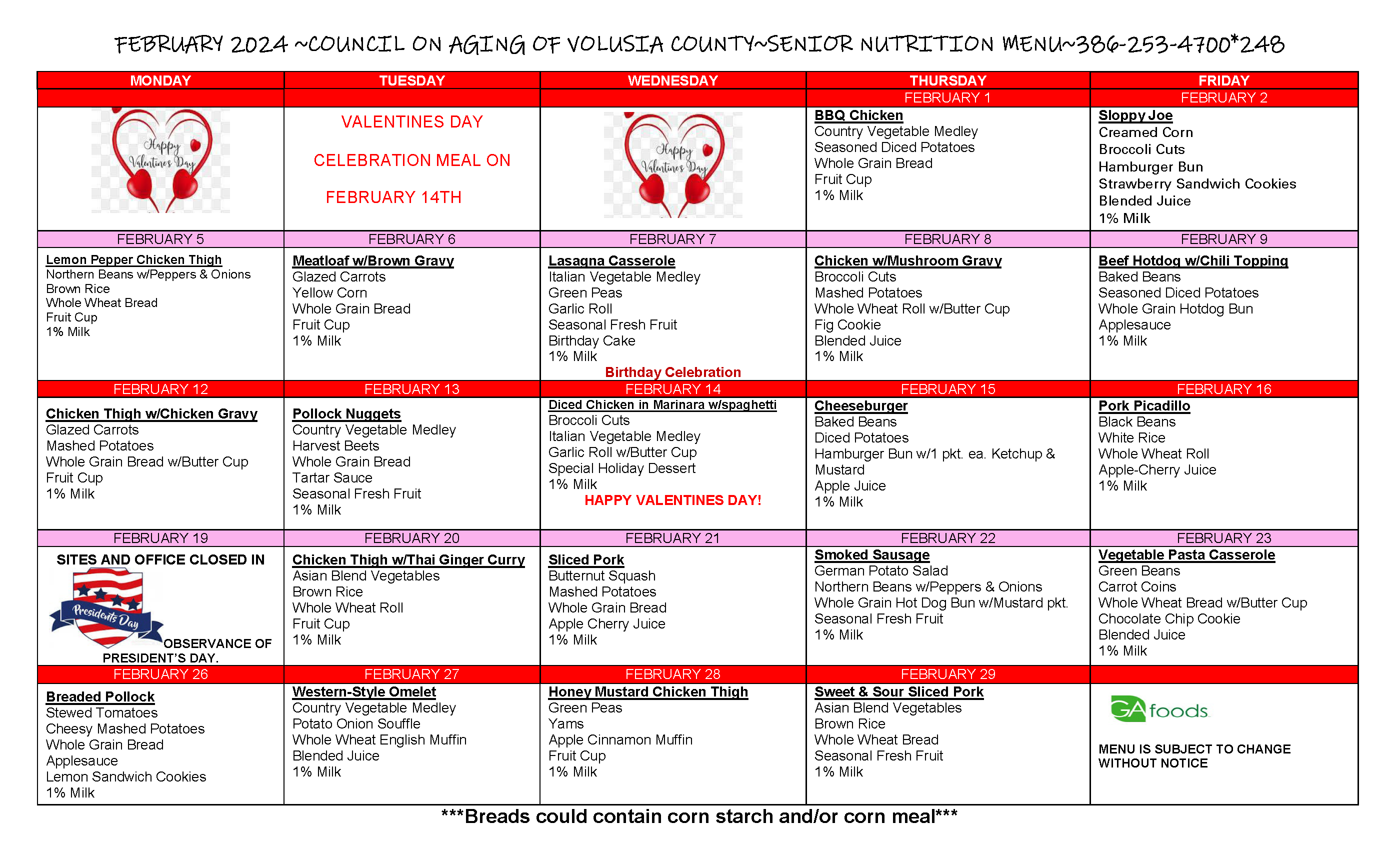 COA Deltona Senior Center & Neighborhood Dining Site Menu