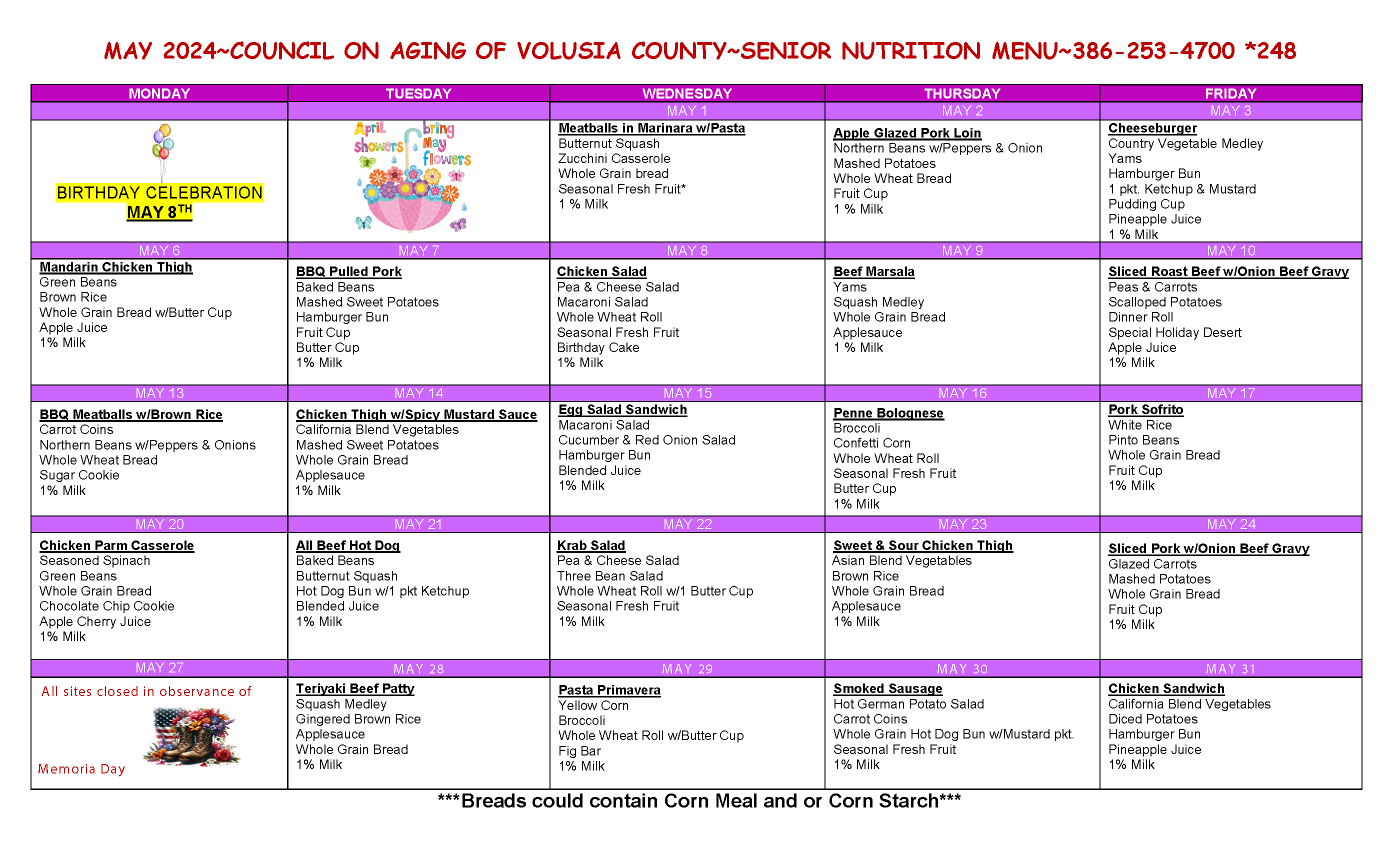 COA Ormond Beach Senior Center & Neighborhood Dining Site Menu