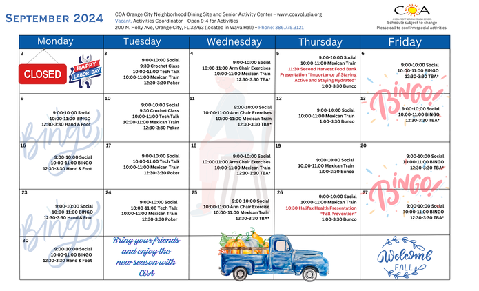 COA Orange City Senior Center & Neighborhood Dining Site Calendar