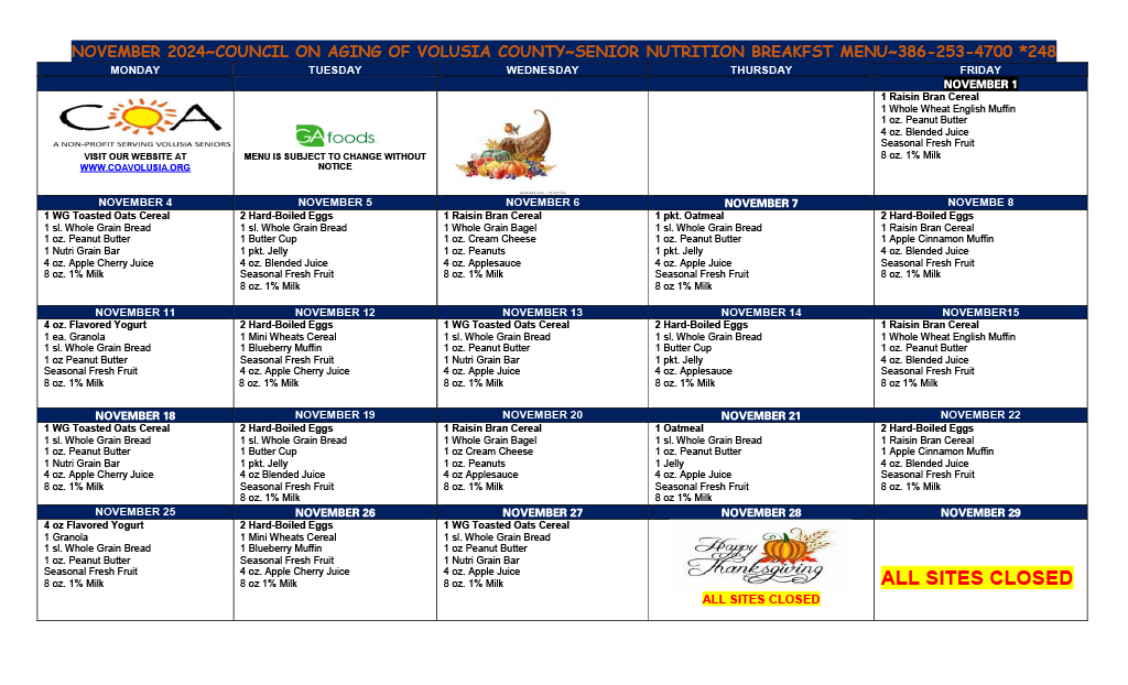 COA New Smyrna Beach Senior Center & Neighborhood Dining Site Menu