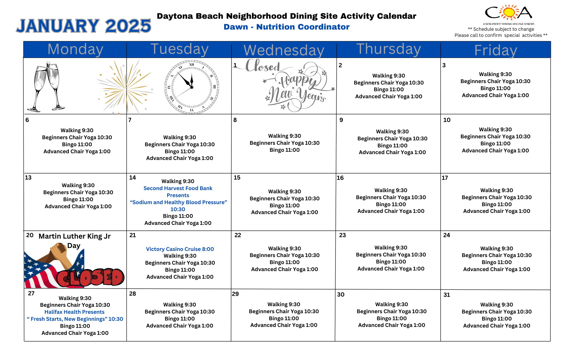 COA Daytona Beach Neighborhood Dining Site Calendar
