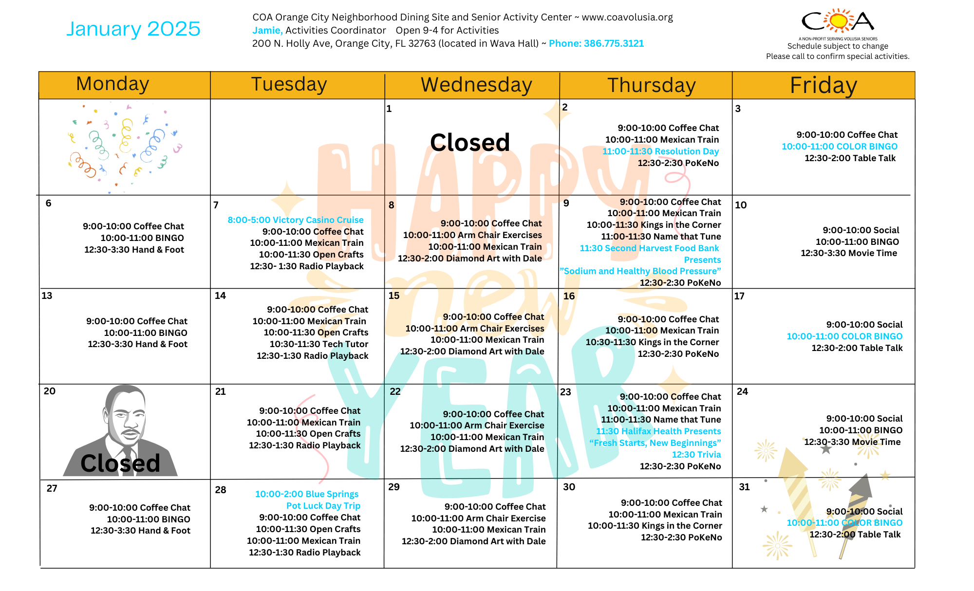 COA Orange City Senior Center & Neighborhood Dining Site Calendar