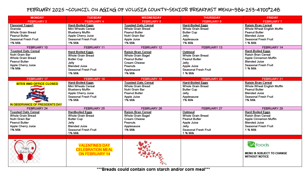 COA Orange City Senior Center & Neighborhood Dining Site Menu